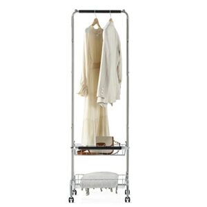 aixsponsa rolling clothes rack with 2 tier basket, freestanding clothing racks for hanging clothes, metal garment rack with wheels, chrome