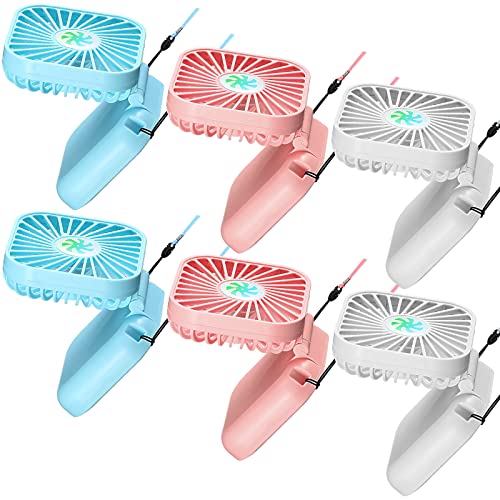 6 Pack Necklace Fans Portable Neck Hanging Fan Mini Fan Handheld Hand Held Fan for Cooling Small Personal Hands Free Fan USB Rechargeable Battery 3 Speed Air Circulatory Fan (Blue, Pink, White)