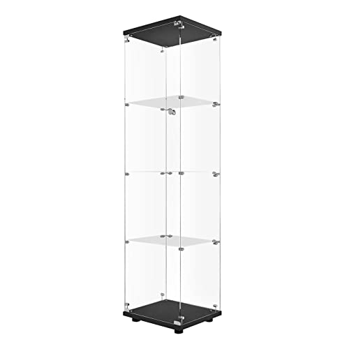 LFT HUIMEI2Y Glass Display Cabinet 4-Shelf with Door and Lock, Curio Cabinets Upgraded Quick-Install Style 5mm Tempered Glass Floor Standing Bookshelf for Bedroom, Living Room 64”x 17”x 14” Black