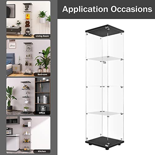 LFT HUIMEI2Y Glass Display Cabinet 4-Shelf with Door and Lock, Curio Cabinets Upgraded Quick-Install Style 5mm Tempered Glass Floor Standing Bookshelf for Bedroom, Living Room 64”x 17”x 14” Black