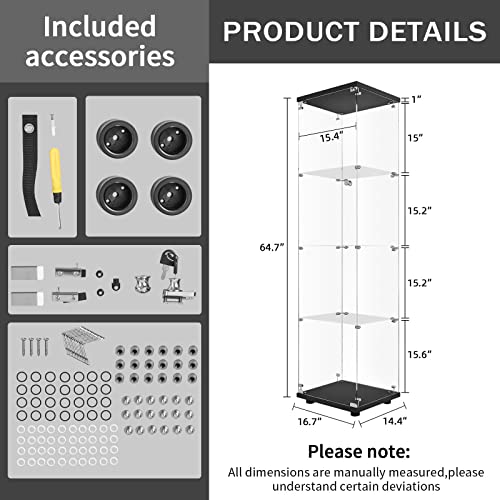 LFT HUIMEI2Y Glass Display Cabinet 4-Shelf with Door and Lock, Curio Cabinets Upgraded Quick-Install Style 5mm Tempered Glass Floor Standing Bookshelf for Bedroom, Living Room 64”x 17”x 14” Black