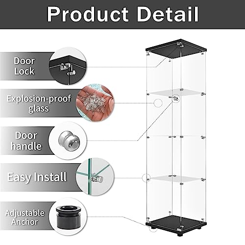 LFT HUIMEI2Y Glass Display Cabinet 4-Shelf with Door and Lock, Curio Cabinets Upgraded Quick-Install Style 5mm Tempered Glass Floor Standing Bookshelf for Bedroom, Living Room 64”x 17”x 14” Black