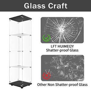 LFT HUIMEI2Y Glass Display Cabinet 4-Shelf with Door and Lock, Curio Cabinets Upgraded Quick-Install Style 5mm Tempered Glass Floor Standing Bookshelf for Bedroom, Living Room 64”x 17”x 14” Black