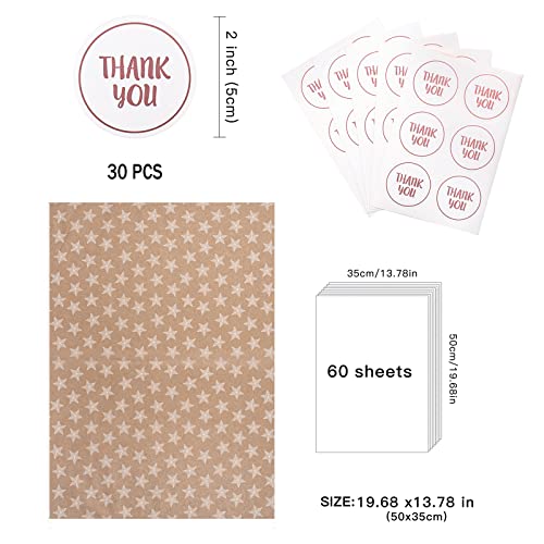 LeZakaa 60 Sheets Tissue Paper Bulk & 30 Pcs "Thank You" Sticker - Rose Gold Color with Star Pattern for Christmas, Birthday, Holiday (13.8 inch x 19.7 inch)