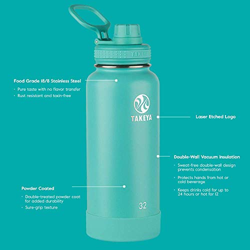 Takeya Actives Insulated Stainless Water Bottle with Insulated Spout Lid, 24oz, Midnight & Actives Insulated Stainless Steel Water Bottle with Spout Lid, 24 oz, Teal