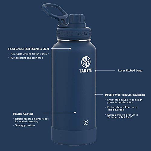 Takeya Actives Insulated Stainless Water Bottle with Insulated Spout Lid, 24oz, Midnight & Actives Insulated Stainless Steel Water Bottle with Spout Lid, 24 oz, Teal