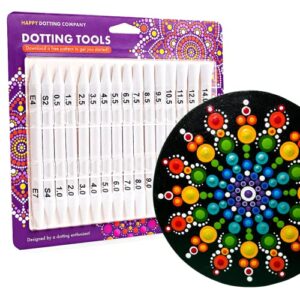 dotting tools for painting mandalas - happy dotting company - 16pc double ended super set for mandala dot art - includes stylus - unique ellipse tool - for painting rocks diy stone craft and canvas