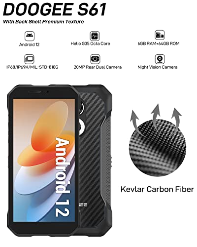 DOOGEE S61 Rugged Smartphone - 2022 Android 12 Rugged Phone - 20MP Night Vision Camera - 6GB+64GB - IP68 Waterproof Unlocked Cell Phone Outdoor- 5180mAh Battery - 6.0" IPS HD- Dual SIM 4G (Kevlar)