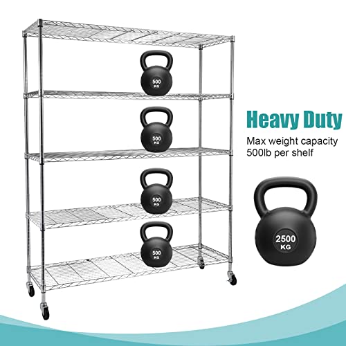 BELANITAS 5 Shelf Adjustable Storage Shelves, Heavy Duty Shelving Storage Units on Wheels Casters Steel Shelves for Storage Unit Metal Shelf Wire Rack, 59" L x 18" W x 71" H,Chrome