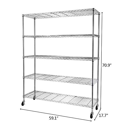 BELANITAS 5 Shelf Adjustable Storage Shelves, Heavy Duty Shelving Storage Units on Wheels Casters Steel Shelves for Storage Unit Metal Shelf Wire Rack, 59" L x 18" W x 71" H,Chrome