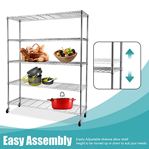 BELANITAS 5 Shelf Adjustable Storage Shelves, Heavy Duty Shelving Storage Units on Wheels Casters Steel Shelves for Storage Unit Metal Shelf Wire Rack, 59" L x 18" W x 71" H,Chrome