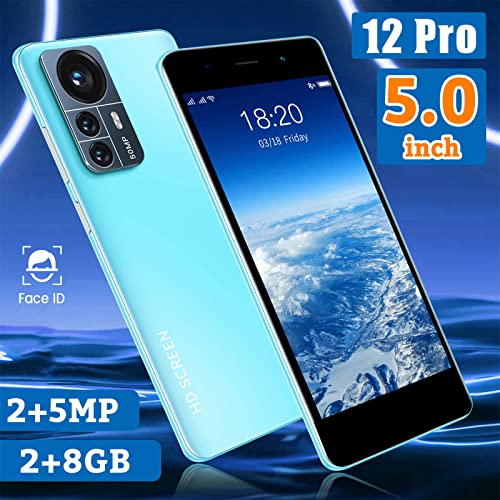 Unlocked Cell Phones, 12 Pro Android 5.1 Smart Phone HD Full Screen Phone, Dual SIM Smartphones, 2+8GB RAM 5.0inch Face ID Mobile Best for Father Childrens (Blue)