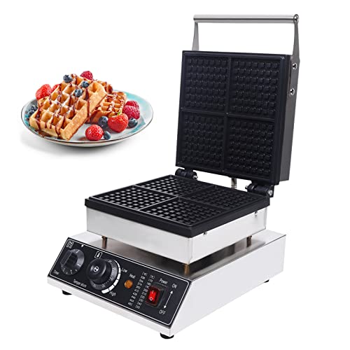 SNKOURIN Commercial Waffle Maker,4 Pieces Nonstick Electric Waffle Maker Stainless Steel 110V Temperature and Time Control Belgian Waffle Maker for Bakery,Restaurant,Snack Bar or Home