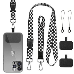 maxcury phone lanyard, neck strap & 2 pack pads & ring strap for phone case, hand wrist strap metal key chain holder, checkered nylon lanyard compatible for name tags badge id card