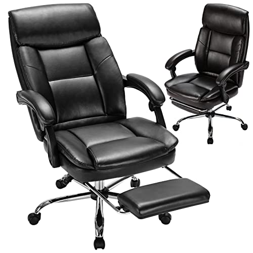 ZUNMOS Executive Office Ergonomic Big and Tall Leather Swivel Rolling Managerial Computer Desk Task, Adjustable High Back Recliner Chair with Padded Armrests and Retractable Footrest, Black