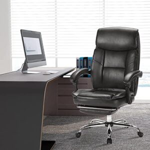 ZUNMOS Executive Office Ergonomic Big and Tall Leather Swivel Rolling Managerial Computer Desk Task, Adjustable High Back Recliner Chair with Padded Armrests and Retractable Footrest, Black