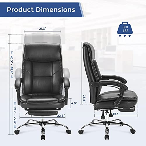 ZUNMOS Executive Office Ergonomic Big and Tall Leather Swivel Rolling Managerial Computer Desk Task, Adjustable High Back Recliner Chair with Padded Armrests and Retractable Footrest, Black