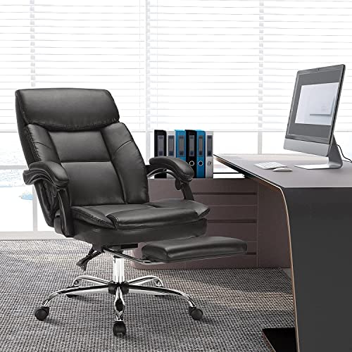 ZUNMOS Executive Office Ergonomic Big and Tall Leather Swivel Rolling Managerial Computer Desk Task, Adjustable High Back Recliner Chair with Padded Armrests and Retractable Footrest, Black