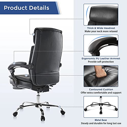 ZUNMOS Executive Office Ergonomic Big and Tall Leather Swivel Rolling Managerial Computer Desk Task, Adjustable High Back Recliner Chair with Padded Armrests and Retractable Footrest, Black