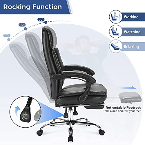 ZUNMOS Executive Office Ergonomic Big and Tall Leather Swivel Rolling Managerial Computer Desk Task, Adjustable High Back Recliner Chair with Padded Armrests and Retractable Footrest, Black