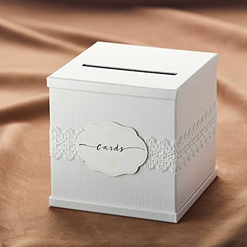 Hayley Cherie - White Gift Card Box with White Lace Textured Finish - Large Size 10" x 10" - For Wedding Receptions, Bridal & Baby Showers, Birthdays, Graduations, Funerals, Money