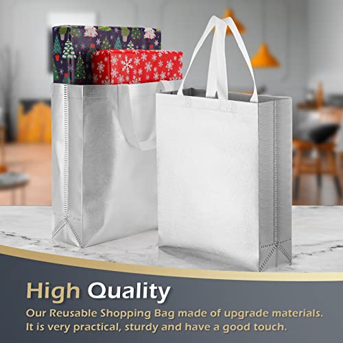 30 Pcs Silver Reusable Gift Bags Glossy Grocery Shopping Bags Reusable Tote Bag with Handles Non Woven Grocery Totes Glitter Gift Tote Bags for Bridesmaid Birthday Wedding Party, 11.8 x 3.9 x 13 Inch