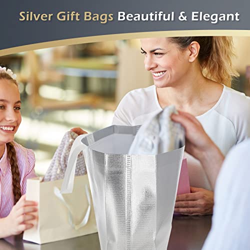 30 Pcs Silver Reusable Gift Bags Glossy Grocery Shopping Bags Reusable Tote Bag with Handles Non Woven Grocery Totes Glitter Gift Tote Bags for Bridesmaid Birthday Wedding Party, 11.8 x 3.9 x 13 Inch