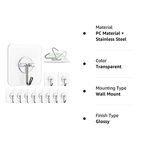 MEILIDY Adhesive Hooks, Transparent Self Adhesive Wall Hooks Heavy Duty Removable Waterproof Clear Plastic Sticky Hooks Seamless Utility Hooks for Bathroom Shower Kitchen Ceiling - 12 Pcs