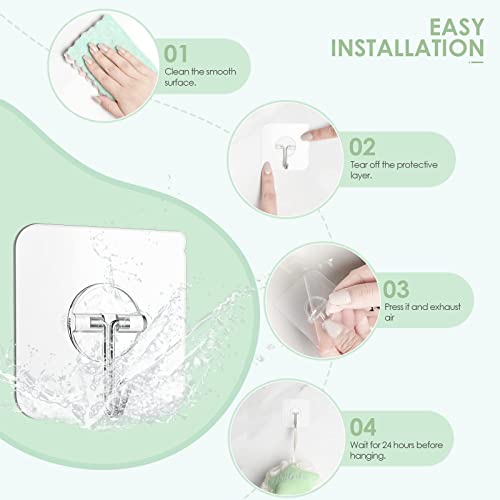 MEILIDY Adhesive Hooks, Transparent Self Adhesive Wall Hooks Heavy Duty Removable Waterproof Clear Plastic Sticky Hooks Seamless Utility Hooks for Bathroom Shower Kitchen Ceiling - 12 Pcs