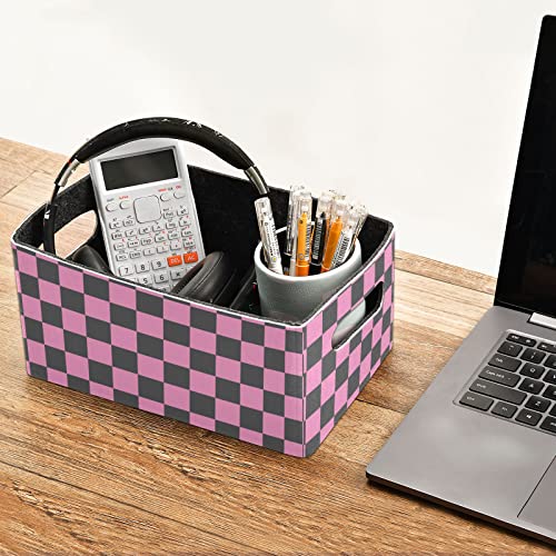 Checkerboard Pink Black Plaid Storage Basket Felt Storage Bin Collapsible Closet Baskets Decorative Baskets Organizer for Pet Supplies Magazine