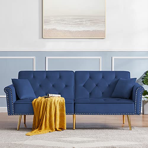 HomSof Futon Bed, Convertible Sleeper Tapered Metal Legs, Small Splitback Sofa for Living Room, 2-Seat, Blue