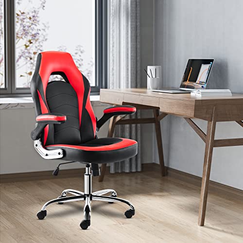 Ergonomic Gaming Office Chair - PU Leather Executive Swivel Computer Desk Chair with Flip-up Armrests and Lumbar Support for Working, Studying, Gaming, Grey