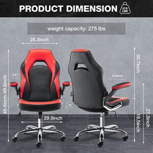 Ergonomic Gaming Office Chair - PU Leather Executive Swivel Computer Desk Chair with Flip-up Armrests and Lumbar Support for Working, Studying, Gaming, Grey