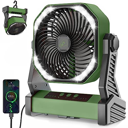 TDONE Camping Fan Portable Rechargeable Fan 20000mAh 8-Inch Battery Operated Fan with LED Lights & Hook, Personal Desk Fan for Home, Office, USB Battery Powered Fan for Tent, Camping, Fishing