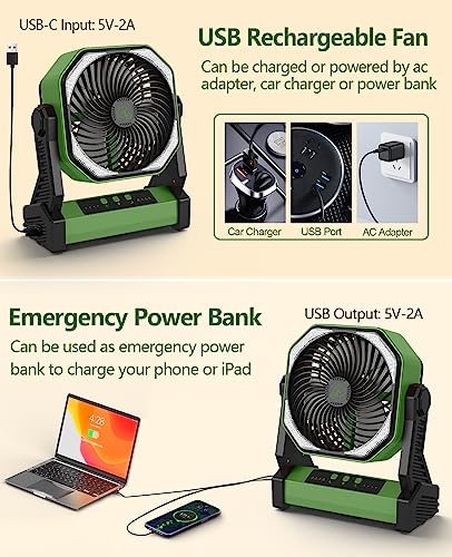 TDONE Camping Fan Portable Rechargeable Fan 20000mAh 8-Inch Battery Operated Fan with LED Lights & Hook, Personal Desk Fan for Home, Office, USB Battery Powered Fan for Tent, Camping, Fishing