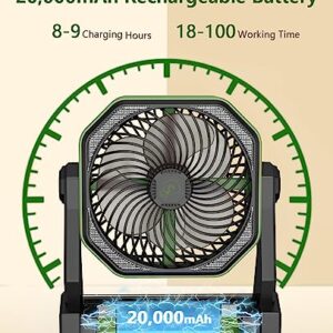 TDONE Camping Fan Portable Rechargeable Fan 20000mAh 8-Inch Battery Operated Fan with LED Lights & Hook, Personal Desk Fan for Home, Office, USB Battery Powered Fan for Tent, Camping, Fishing