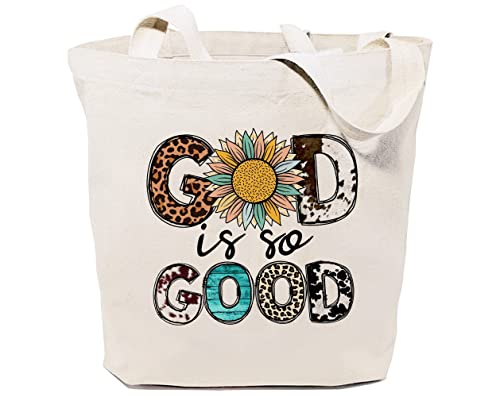 GXVUIS God is So Good Canvas Tote Bag for Women Aesthetic Sunflower Leopard Print Boho Reusable Shopping Bag Christian Gift White