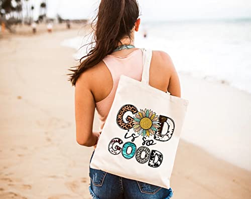 GXVUIS God is So Good Canvas Tote Bag for Women Aesthetic Sunflower Leopard Print Boho Reusable Shopping Bag Christian Gift White