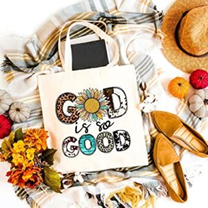 GXVUIS God is So Good Canvas Tote Bag for Women Aesthetic Sunflower Leopard Print Boho Reusable Shopping Bag Christian Gift White