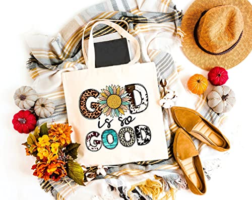 GXVUIS God is So Good Canvas Tote Bag for Women Aesthetic Sunflower Leopard Print Boho Reusable Shopping Bag Christian Gift White