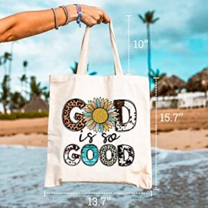 GXVUIS God is So Good Canvas Tote Bag for Women Aesthetic Sunflower Leopard Print Boho Reusable Shopping Bag Christian Gift White