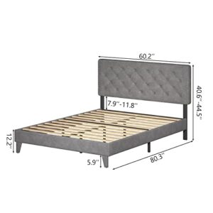 Queen Bed Frame with Headboard, Velvet Upholstered Platform Bed Frame with Adjustable Headboard, Button Tufted Headboard and Modern Riveted Decoration, Wood Slat Support, No Box Spring Needed, Easy Assembly