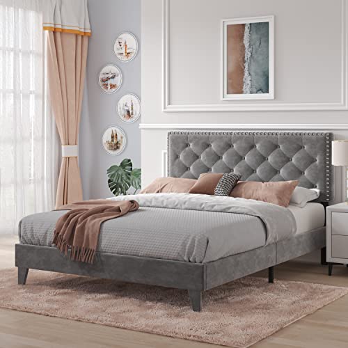 Queen Bed Frame with Headboard, Velvet Upholstered Platform Bed Frame with Adjustable Headboard, Button Tufted Headboard and Modern Riveted Decoration, Wood Slat Support, No Box Spring Needed, Easy Assembly