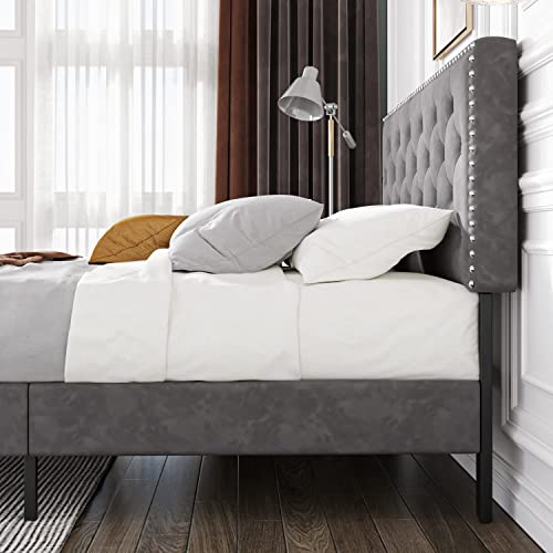 Queen Bed Frame with Headboard, Velvet Upholstered Platform Bed Frame with Adjustable Headboard, Button Tufted Headboard and Modern Riveted Decoration, Wood Slat Support, No Box Spring Needed, Easy Assembly