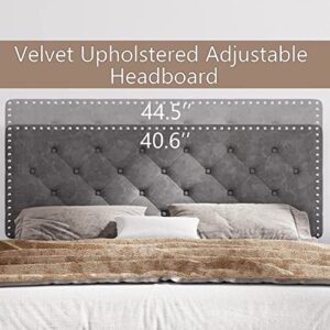 Queen Bed Frame with Headboard, Velvet Upholstered Platform Bed Frame with Adjustable Headboard, Button Tufted Headboard and Modern Riveted Decoration, Wood Slat Support, No Box Spring Needed, Easy Assembly