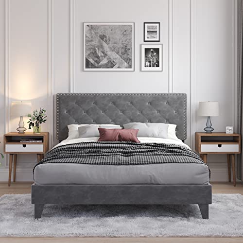 Queen Bed Frame with Headboard, Velvet Upholstered Platform Bed Frame with Adjustable Headboard, Button Tufted Headboard and Modern Riveted Decoration, Wood Slat Support, No Box Spring Needed, Easy Assembly