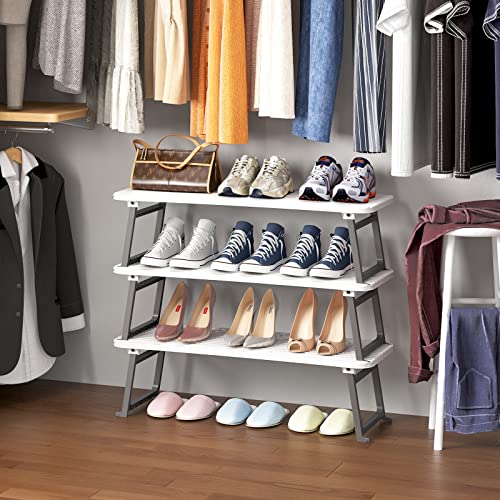 MAGINELS 3 Tier Shoe Rack Foldable Plastic Shoe Organizers Installation-Free Shoe Storage Cabinets for Closet Hallway Bedroom Entryway