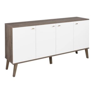 prepac milo mid-century 4 door buffet, 16" d x 64" w x 32" h, drifted gray/white