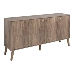 prepac milo mid-century 4 door buffet, 16" d x 64" w x 32" h, drifted gray