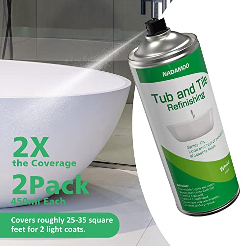 NADAMOO Tub and Tile Spray Paint White 450ml (Pack of 2), Bathtub Refinishing Kit Refinish Porcelain Fiberglass and Ceramic Surfaces, DIY Resurfacing Sink Countertop Reglaze Bathroom Kitchen, Semi-Gloss Glaze Coating